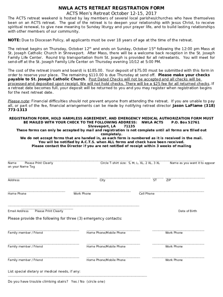 NWLA ACTS RETREAT REGISTRATION ACTS Men's ... Doc Template | pdfFiller