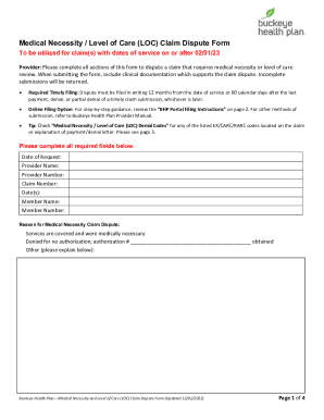 Fillable Online Medical Necessity / Level of Care (LOC) Claim Dispute ...