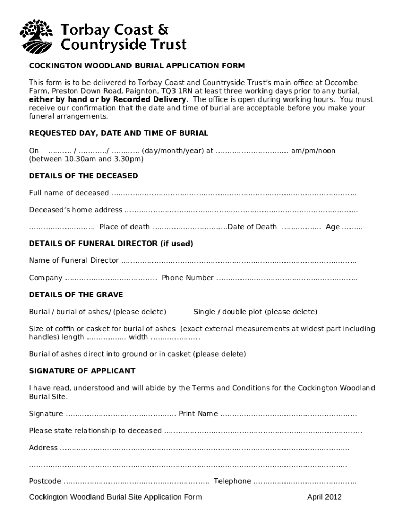 GREEN BURIAL BOOKING Doc Template | pdfFiller