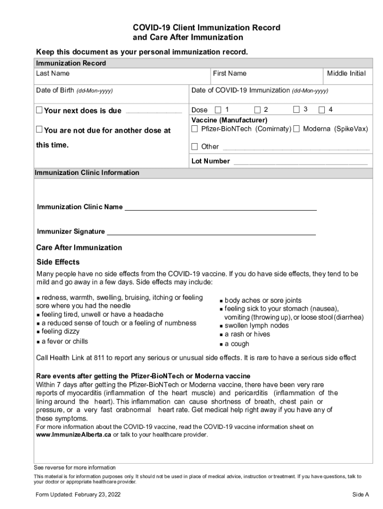 Fillable Online COVID-19 Client Immunization Record and Care After Immunization. Pandemic Fax ...