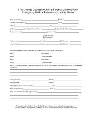 Fillable Online I Am Change Outreach Waiver & Parental Consent Form ...