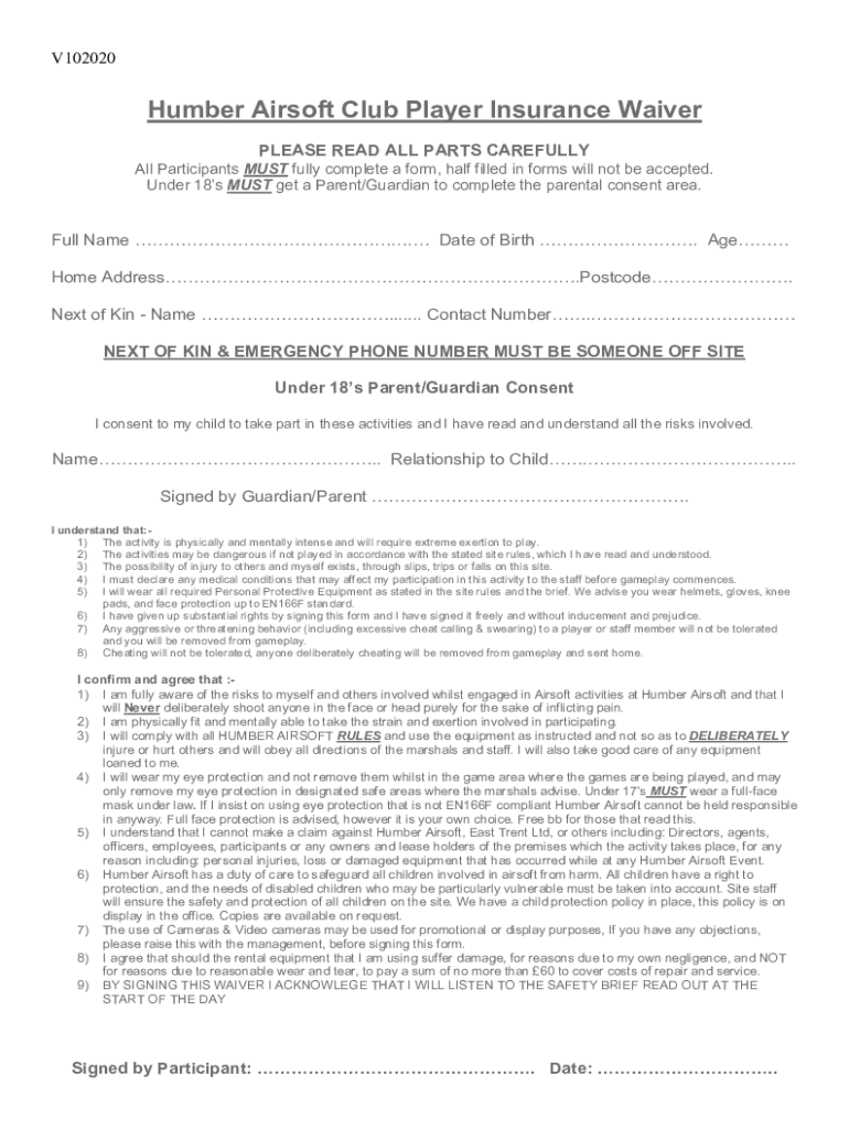 Fillable Online Humber Airsoft Club Player Insurance Waiver Fax Email ...