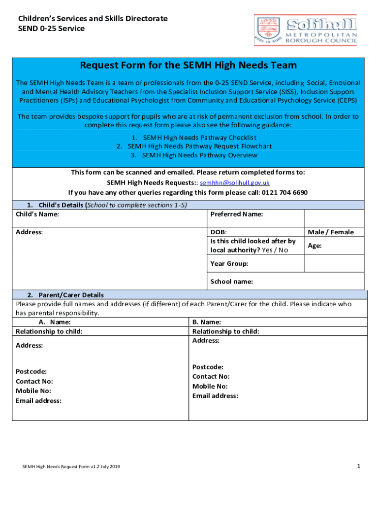 Fillable Online Request Form for the SEMH High Needs Team. Request Form ...