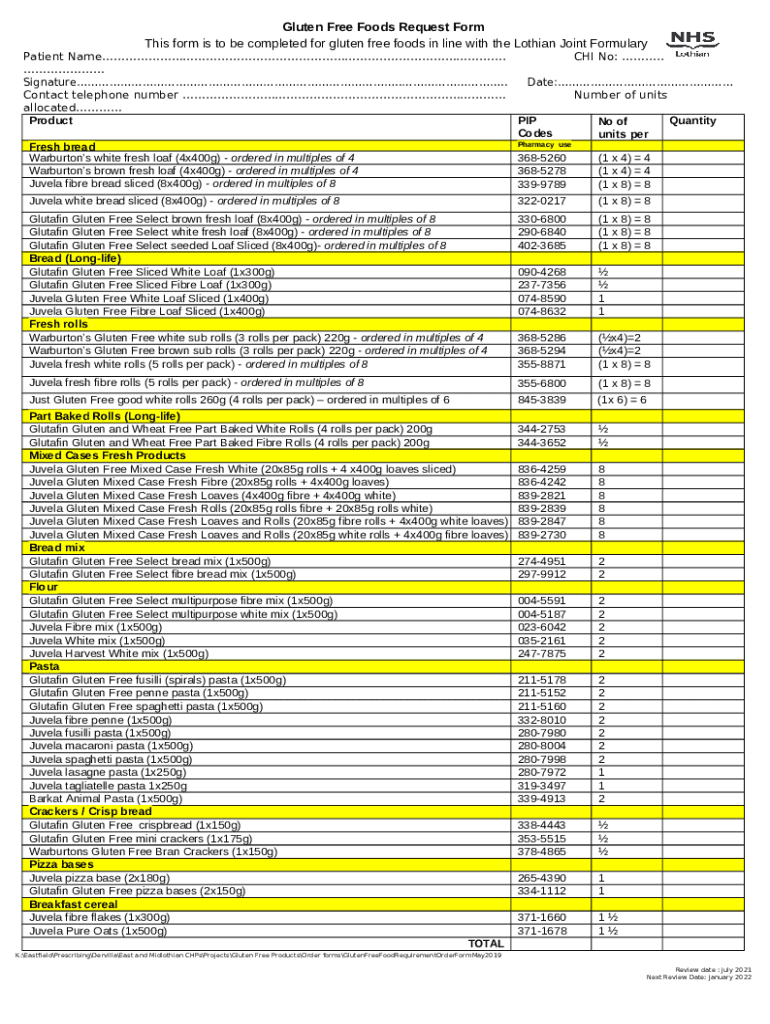 NHS Lothian Request Gluten Free Food Service Child Doc Template | pdfFiller