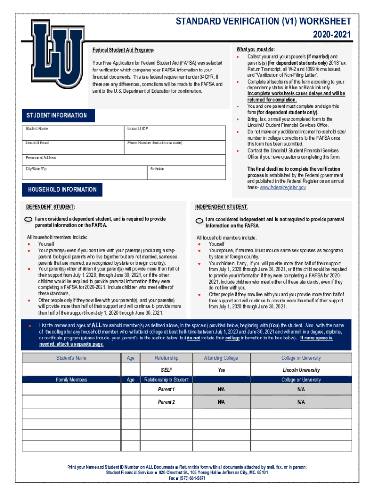 Fillable Online 2020-2021 Standard Independent Verification Worksheet ( ... Fax Email Print ...