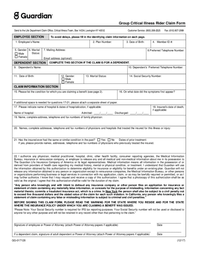 Fillable Online Submitting a critical illness claim - Guardian Fax ...