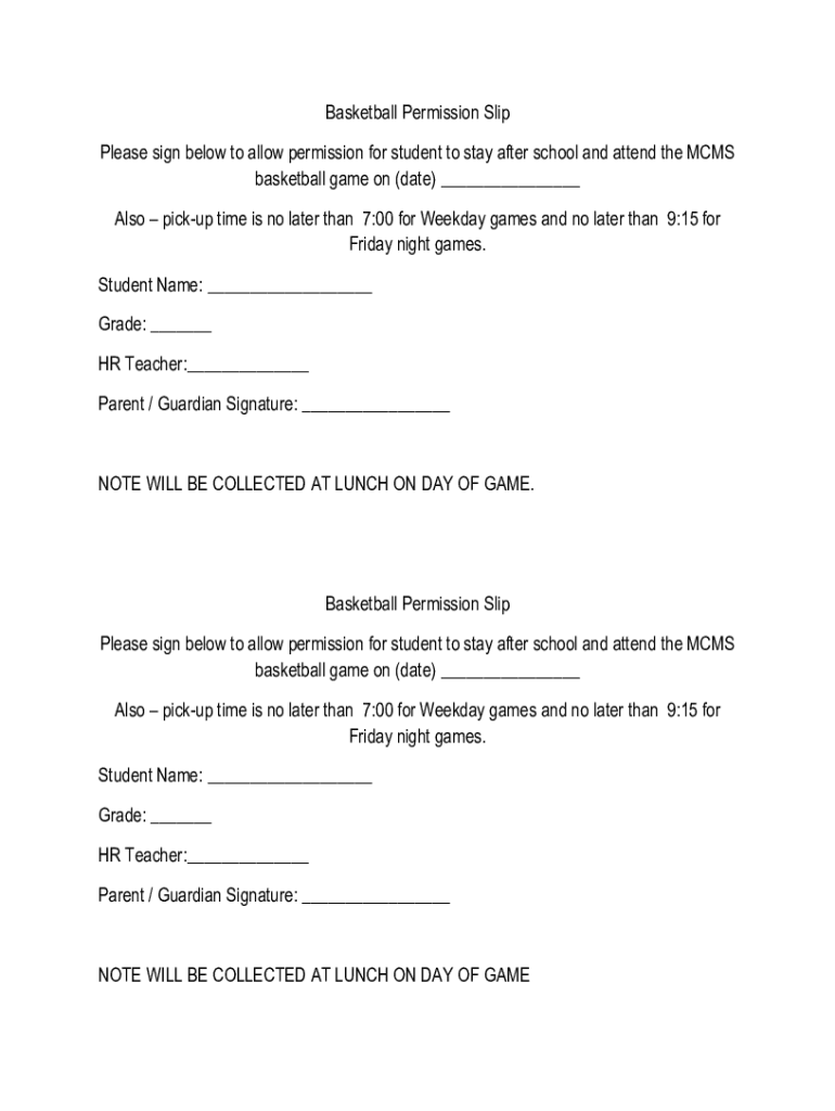 Fillable Online Basketball Permission Slip - Saint Rose of Lima School ...