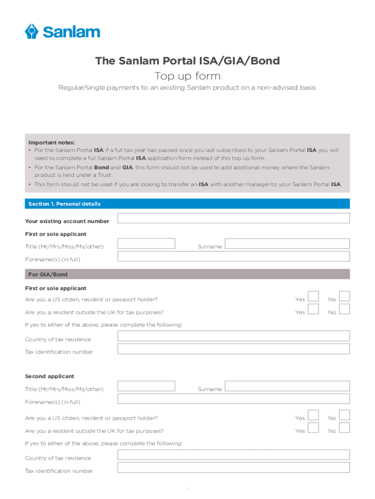 Fillable Online The Sanlam Portal ISA/GIA/Bond Top-up form Fax Email ...