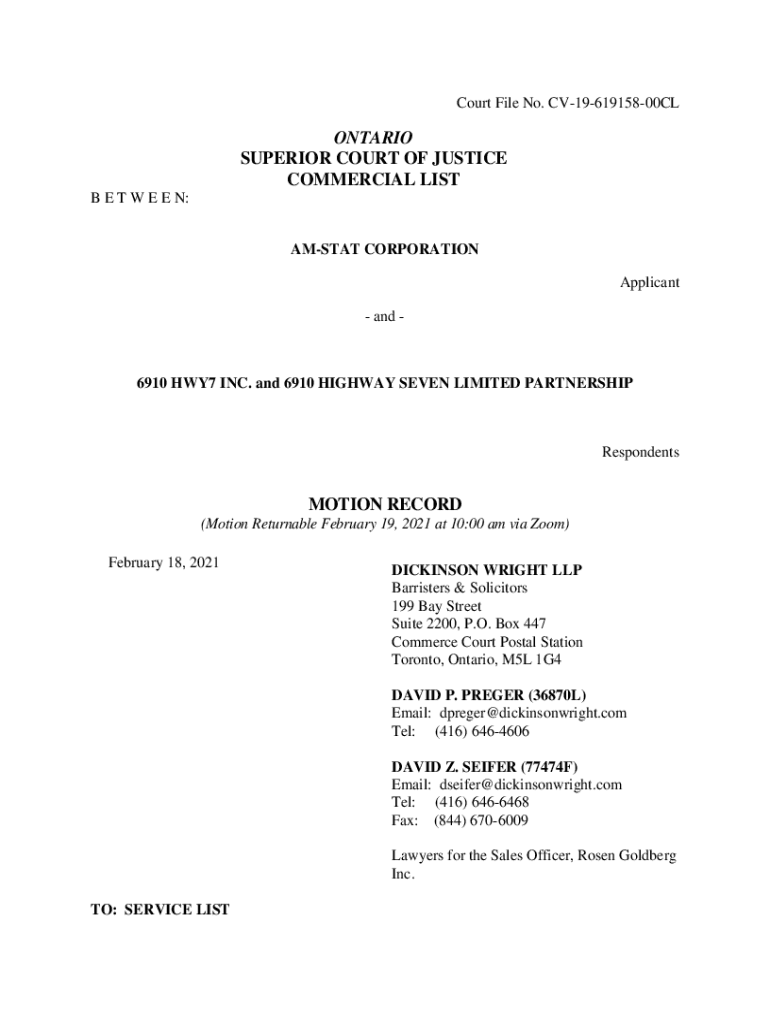 Fillable Online ONTARIO SUPERIOR COURT OF JUSTICE ... Fax Email Print - pdfFiller