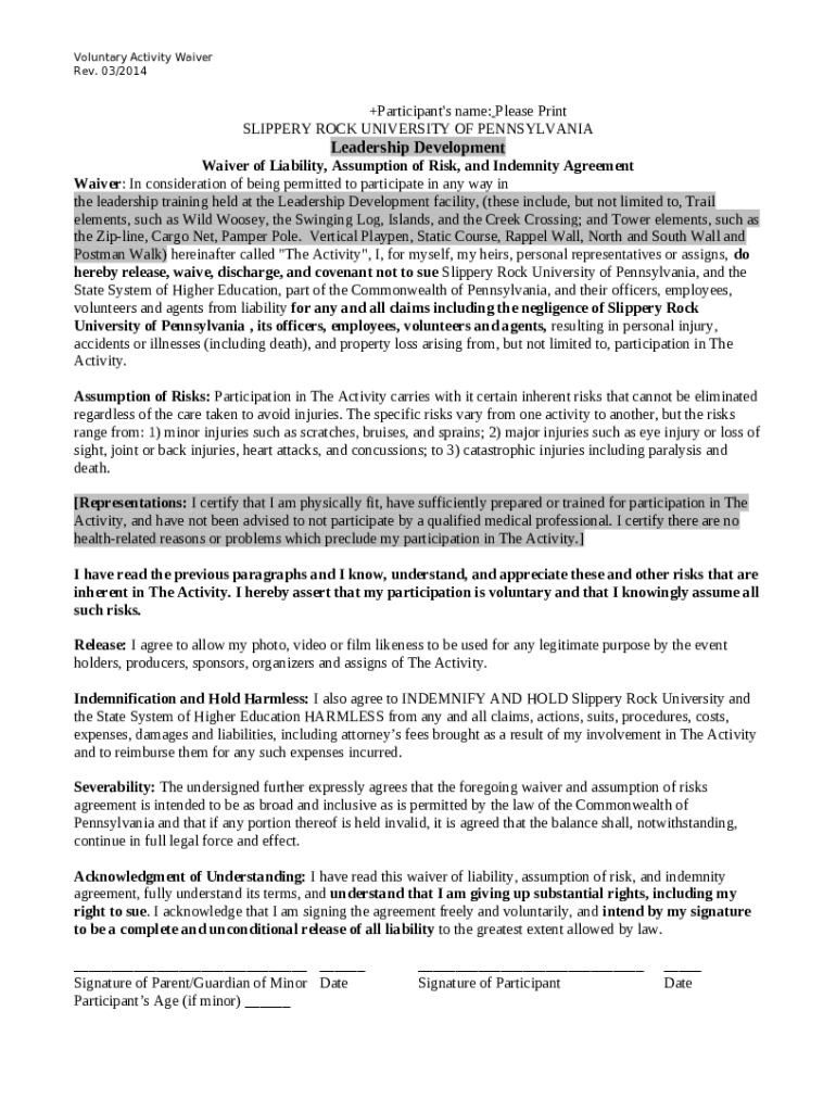 PARTICIPANT RELEASE OF LIABILITY, WAIVER OF ... Doc Template | pdfFiller