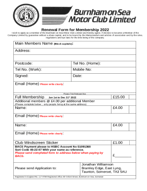 Burnham-on-Sea RFC Membership Application 2021 ... Doc Template | pdfFiller