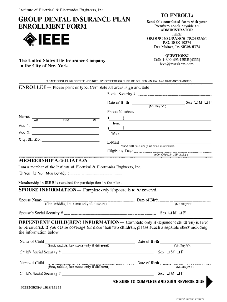 Fillable Online DENTAL INSURANCE PLAN ENROLLMENT FORM Fax Email Print ...