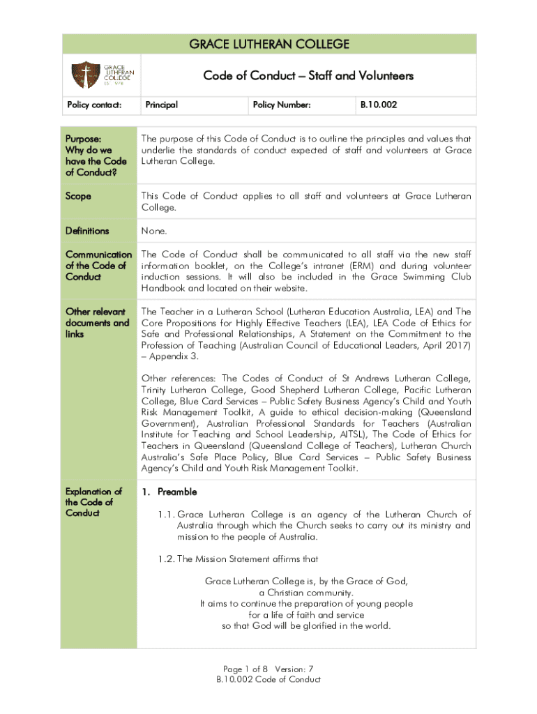 Fillable Online GRACE LUTHERAN COLLEGE Code of Conduct Fax Email Print ...