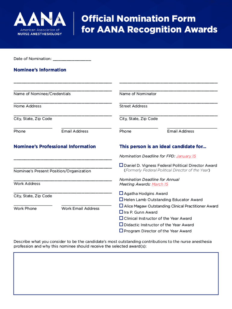 Fillable Online Official Nomination Form for AANA Recognition Awards ...