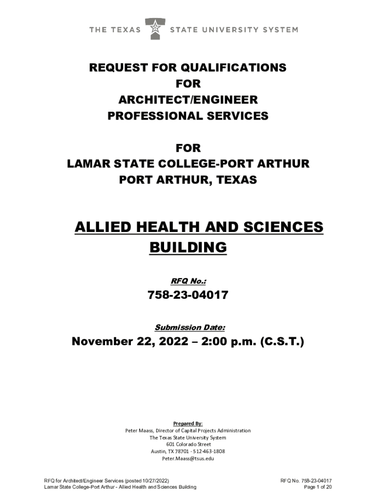 Fillable Online RFQ for IDQ Architectural/Engineering Services for Lamar ... Fax Email Print ...