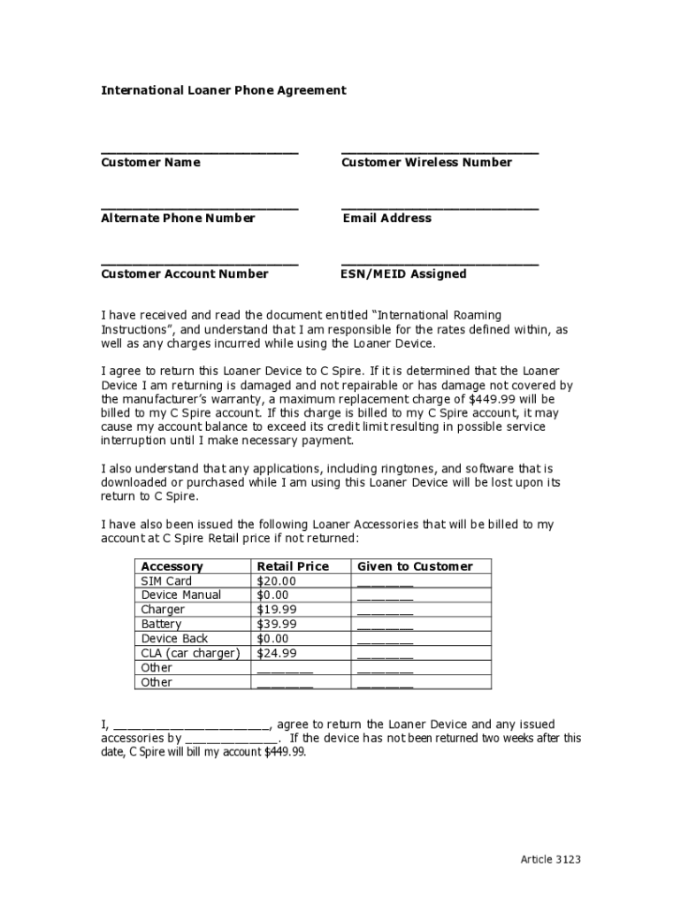 Fillable Online International Loaner Phone Agreement.doc Fax Email Print - pdfFiller