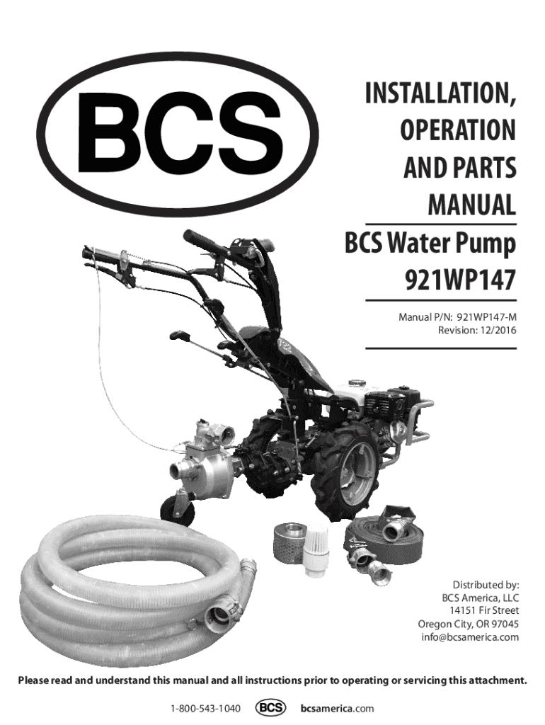 Fillable Online INSTALLATION, OPERATION AND PARTS MANUAL BCS ... Fax ...