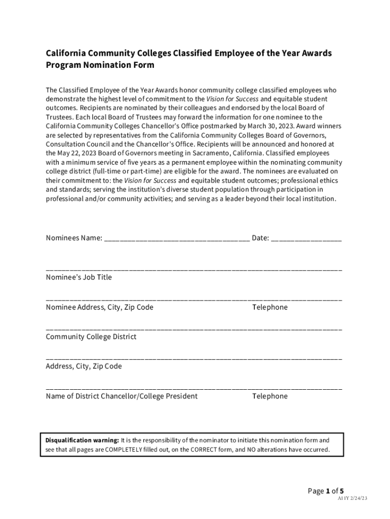 Fillable Online California Community Colleges Classified Employee of ...