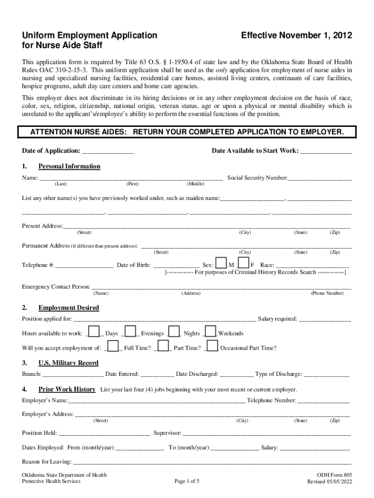Fillable Online Uniform Employment Application - for Nurse Aide Staff ...
