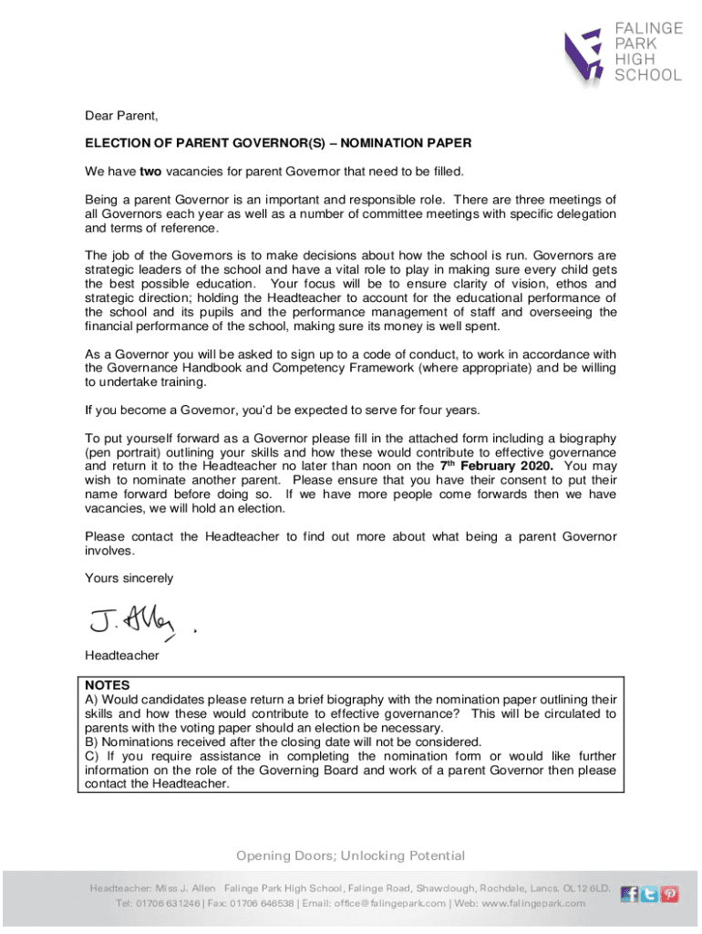 Fillable Online Guidelines for the election of parent governors Fax ...