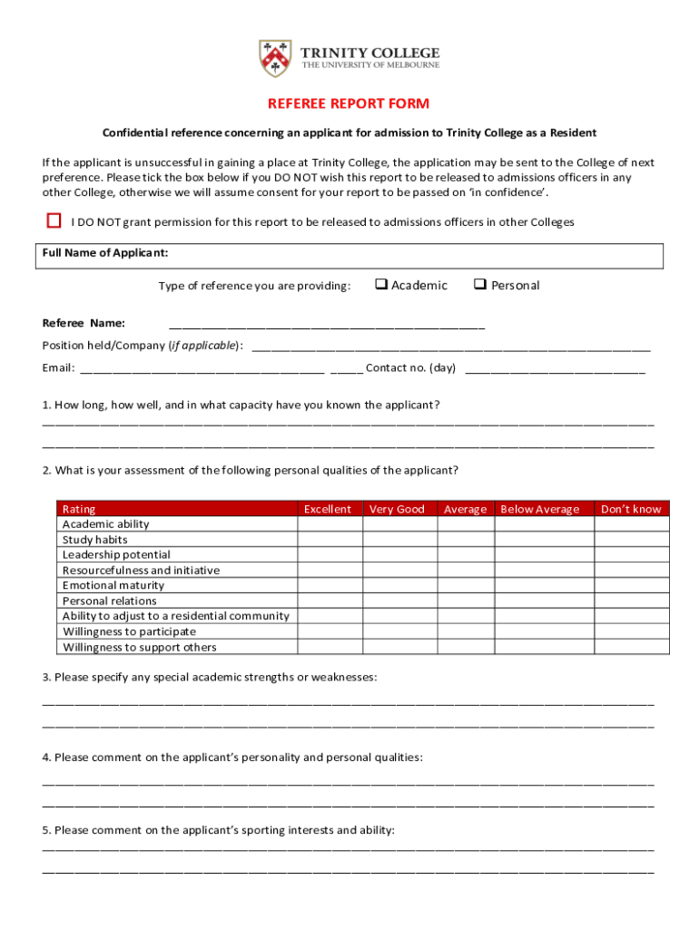 Fillable Online Residential College Referee Report Form Fax Email Print ...