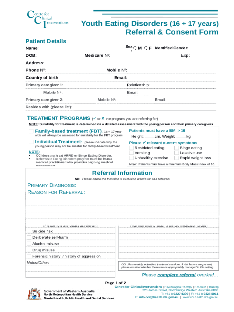 Centre for Clinical Interventions Youth Eating Disorders Referral & Consent . Centre for ...