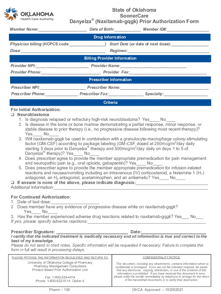 Fillable Online State of Oklahoma SoonerCare Danyelza (Naxitamab- ... Fax Email Print - pdfFiller
