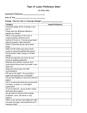 Fillable Online Toast of Luxury Preference Sheet Fax Email Print ...