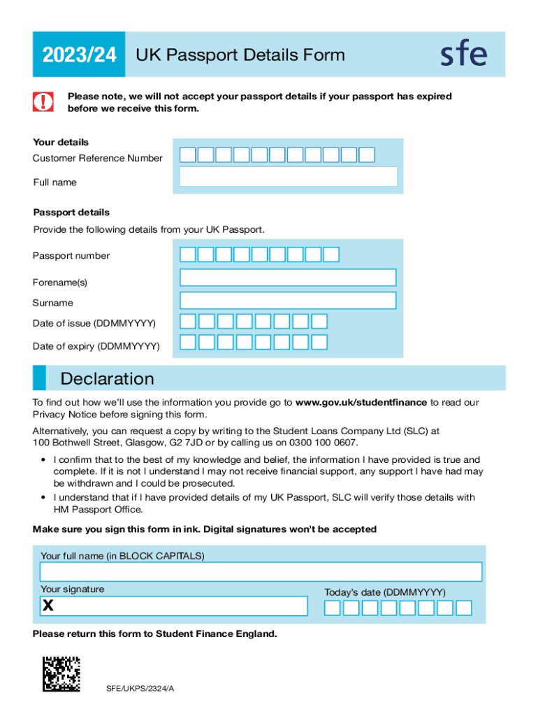 Fillable Online Student Finance England UK Passport Details Form Fax ...