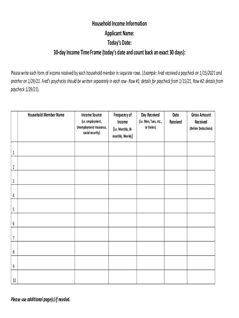 Fillable Online Household Income Form 2021 - Today's Date Fax Email ...