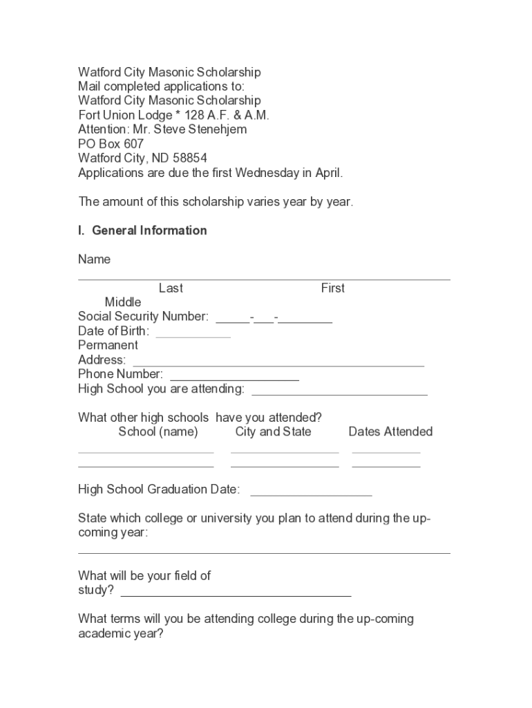Fillable Online Watford City Masonic Scholarship Fort Union Lodge * 128 A.F. &a Fax Email Print ...
