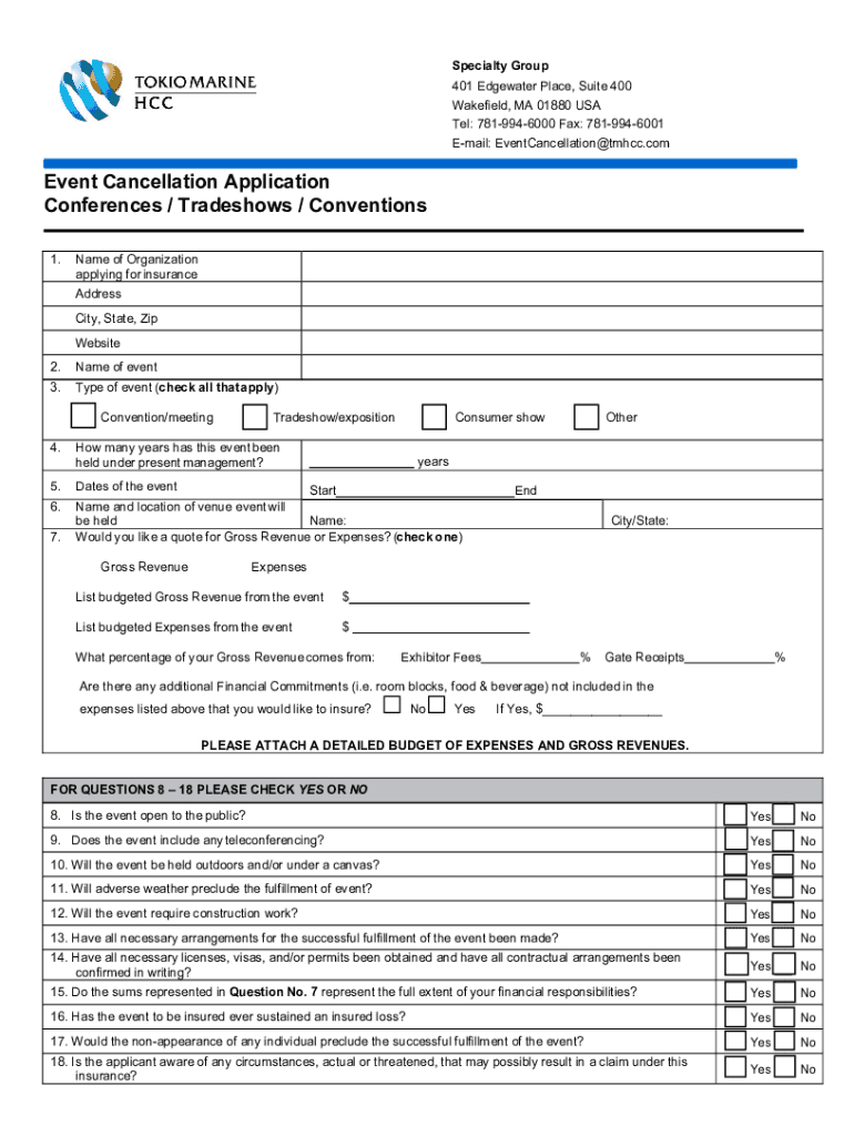 Fillable Online Specialty Group - Tokio Marine HCC Fax Email Print ...