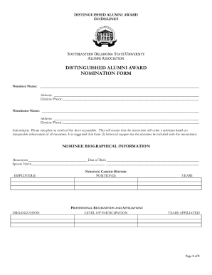 Fillable Online DISTINGUISHED ALUMNI AWARD NOMINATION FORM Fax Email Print - pdfFiller