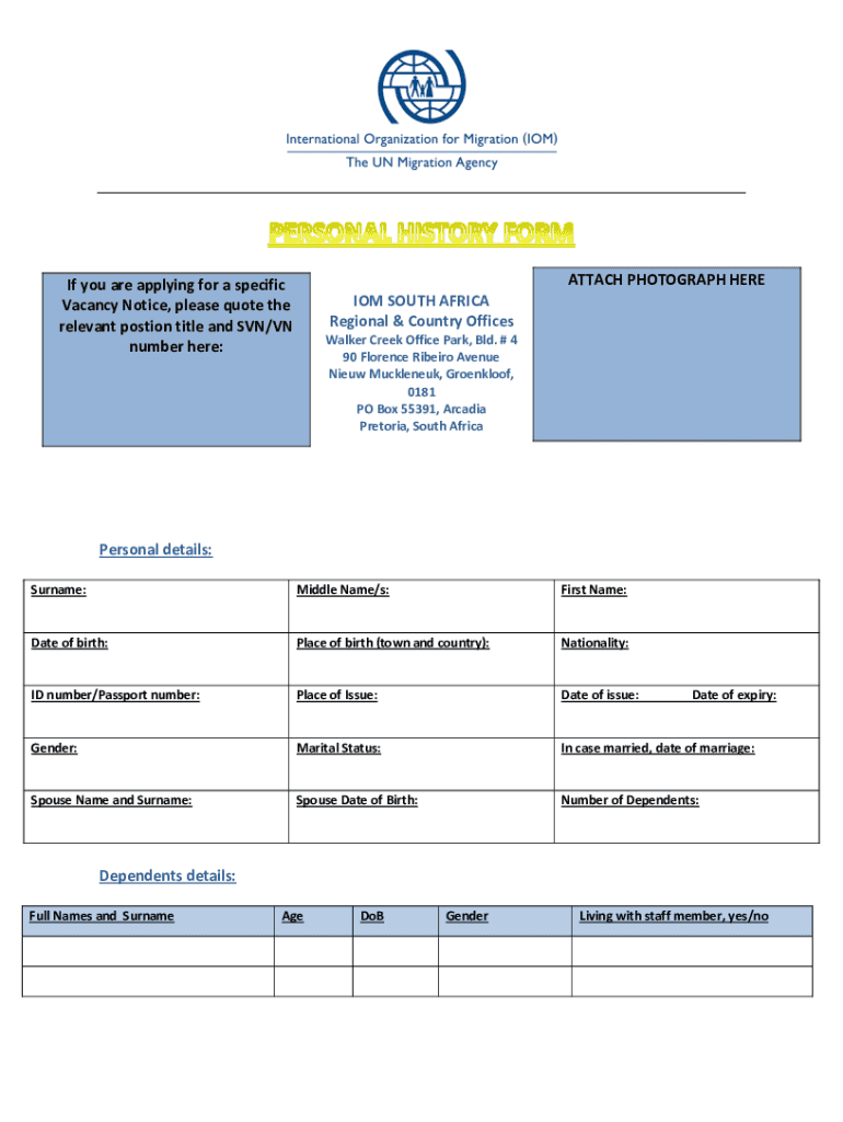 Fillable Online southafrica iom Personal-History-Form.docx Fax Email ...