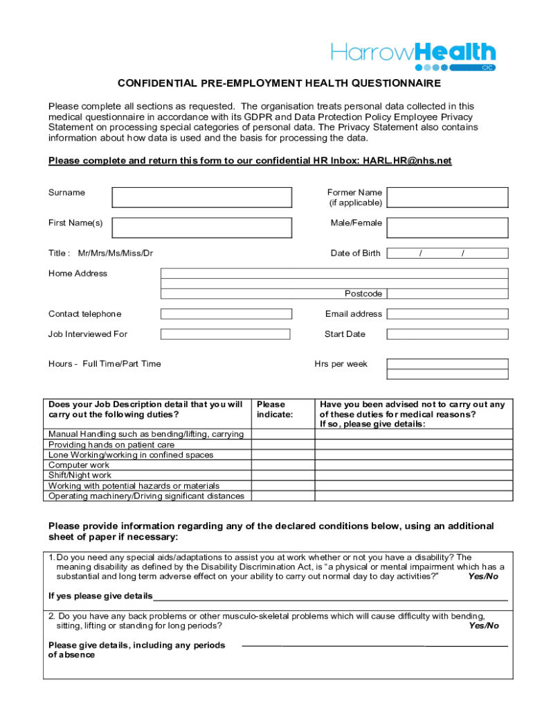 Fillable Online HHCIC Pre Employment Health Questionnaire 2 Fax Email ...