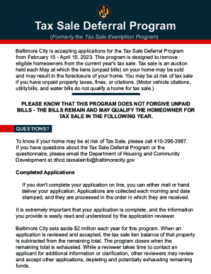 Fillable Online Tax Sale Deferral Program - Baltimore City Health ...