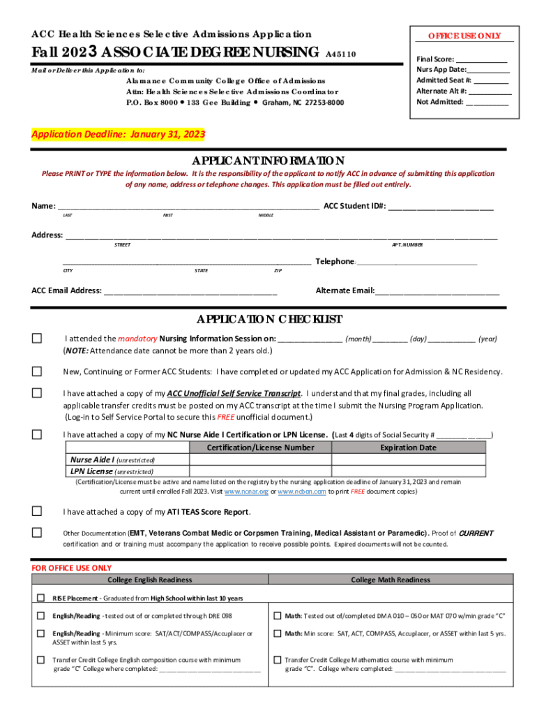 Fillable Online ACC Health Sciences Selective Admissions Application ...