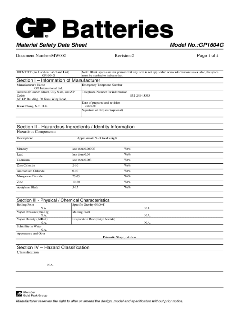 Fillable Online Material Safety Data Sheet Model No.:GP1604G Fax Email Print - pdfFiller