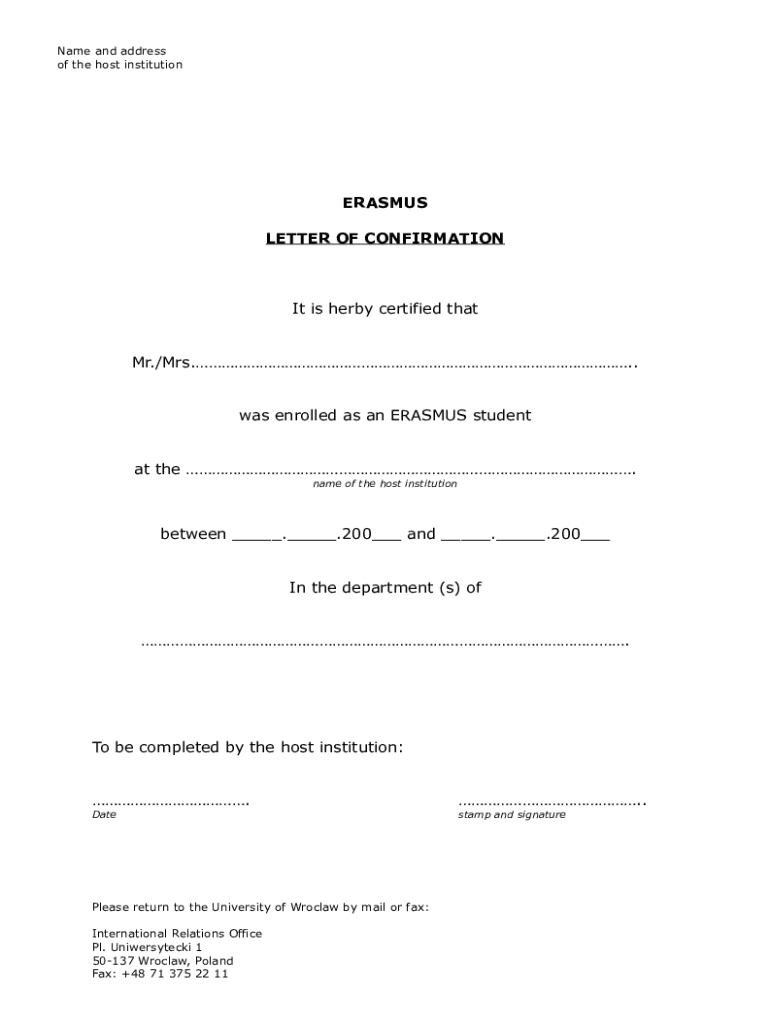 Fillable Online international uni wroc Letter Of Confirmation Erasmus - Fill Online, Printable ...