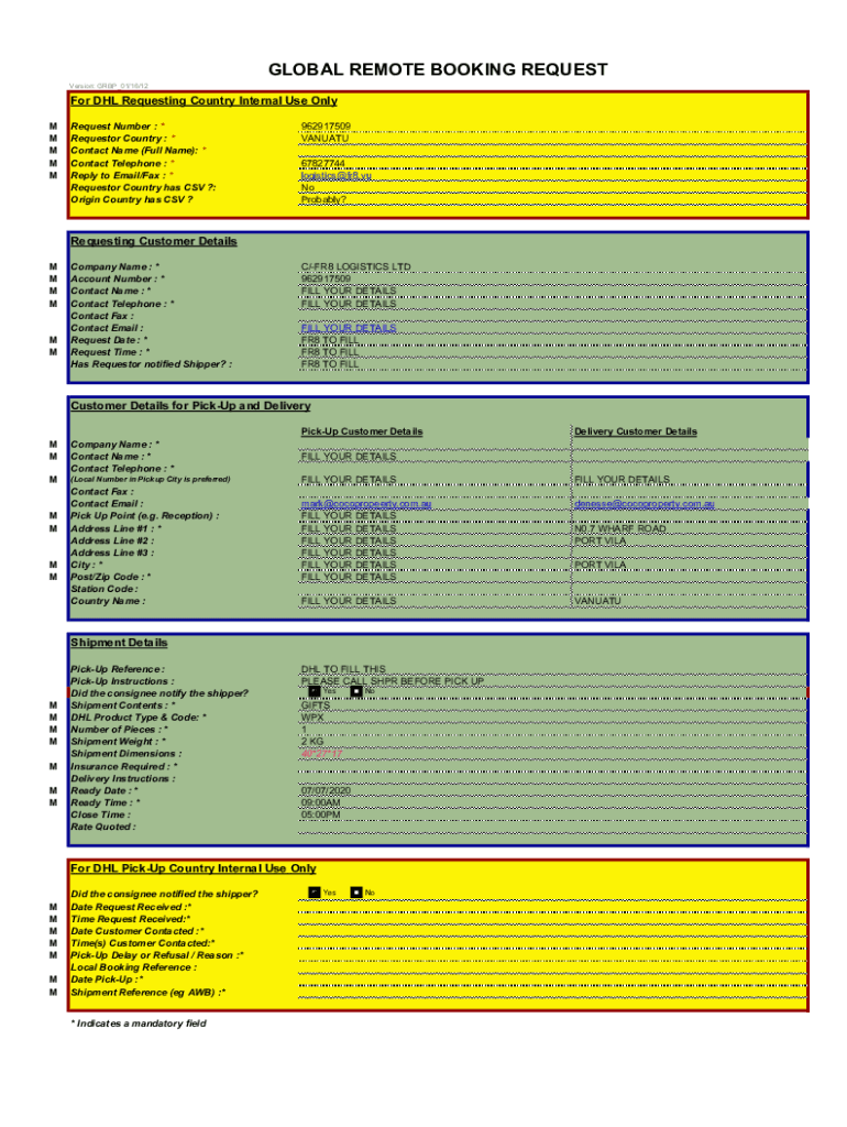 Fillable Online DHL Pick up request form - FR8 Logistics Fax Email ...