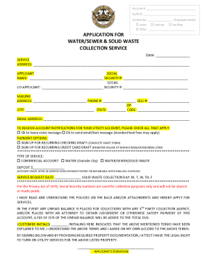 Fillable Online APPLICATION FOR WATER/SEWER & SOLID WASTE ... Fax Email Print - pdfFiller