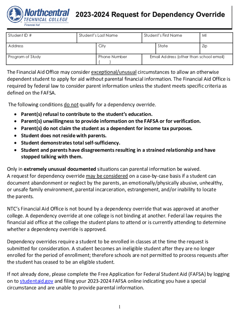 Fillable Online 2023-2024 Request for a Dependency Override Fax Email ...