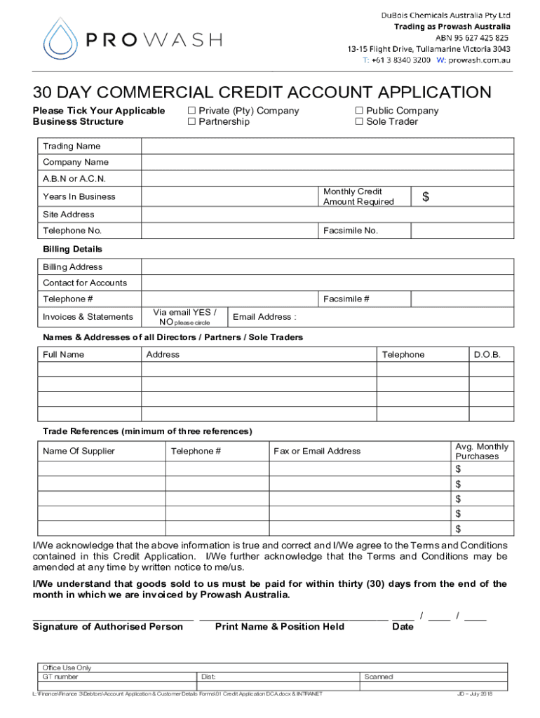 Fillable Online Application for 30 Day Commercial Credit Fax Email ...