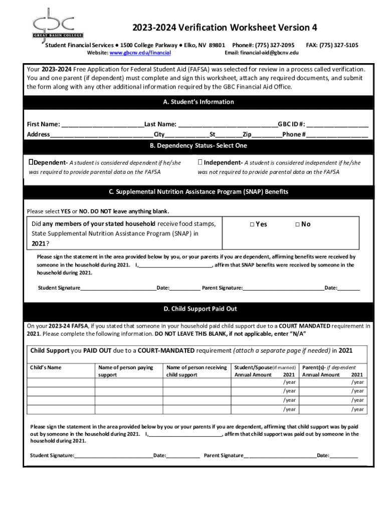 Fillable Online 2023-2024 Verification Worksheet Version 4 Fax Email ...