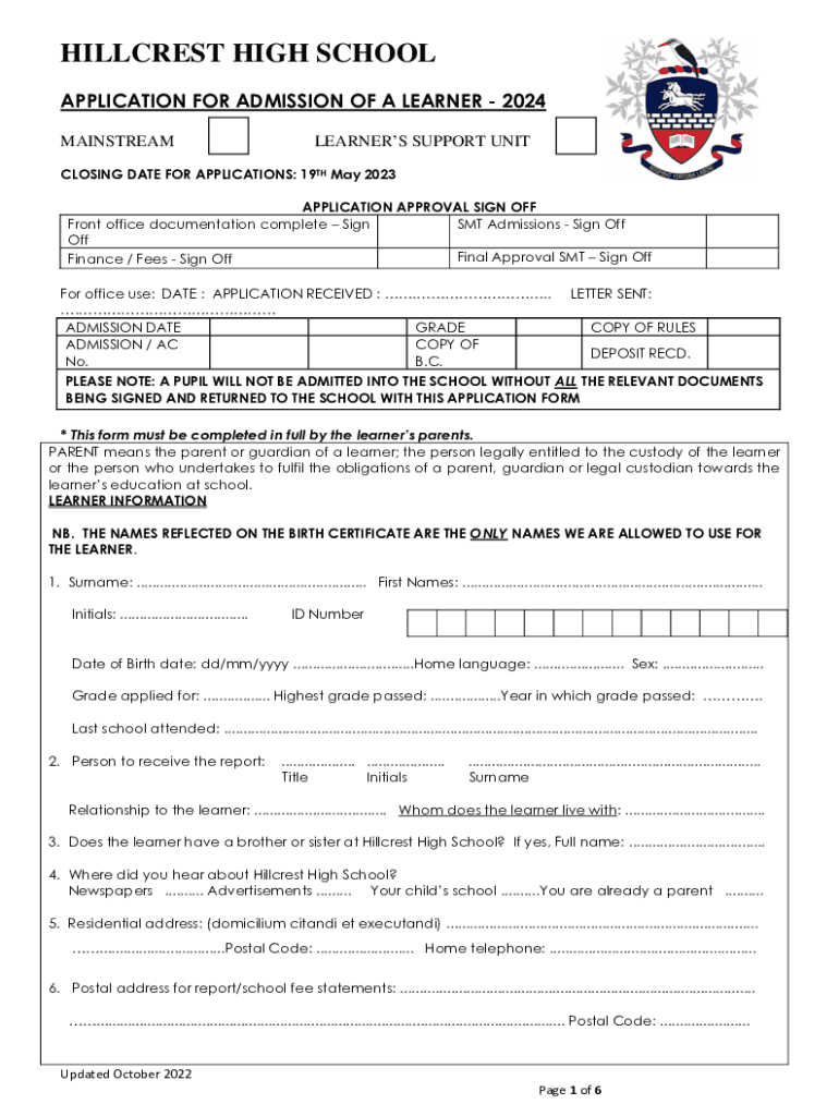 Hillcrest High School Application Forms For 2025 - Fill Online, Printable, Fillable, Blank ...