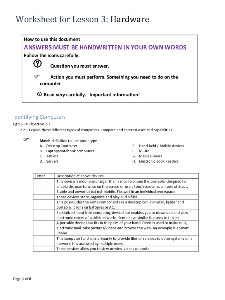 Fillable Online Worksheet for Lesson 3: Hardware Fax Email Print ...