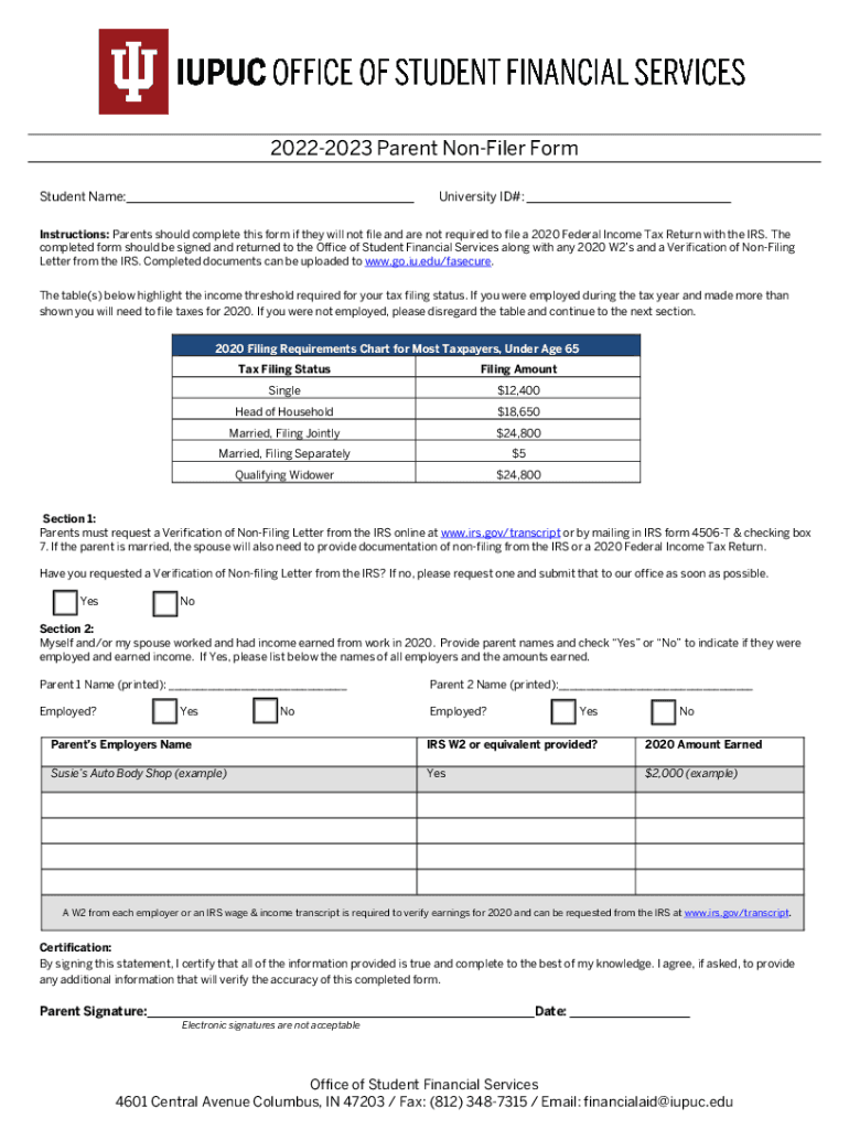 Fillable Online 2022-2023 Parent Non-tax Filer's Statement Fax Email Print - pdfFiller