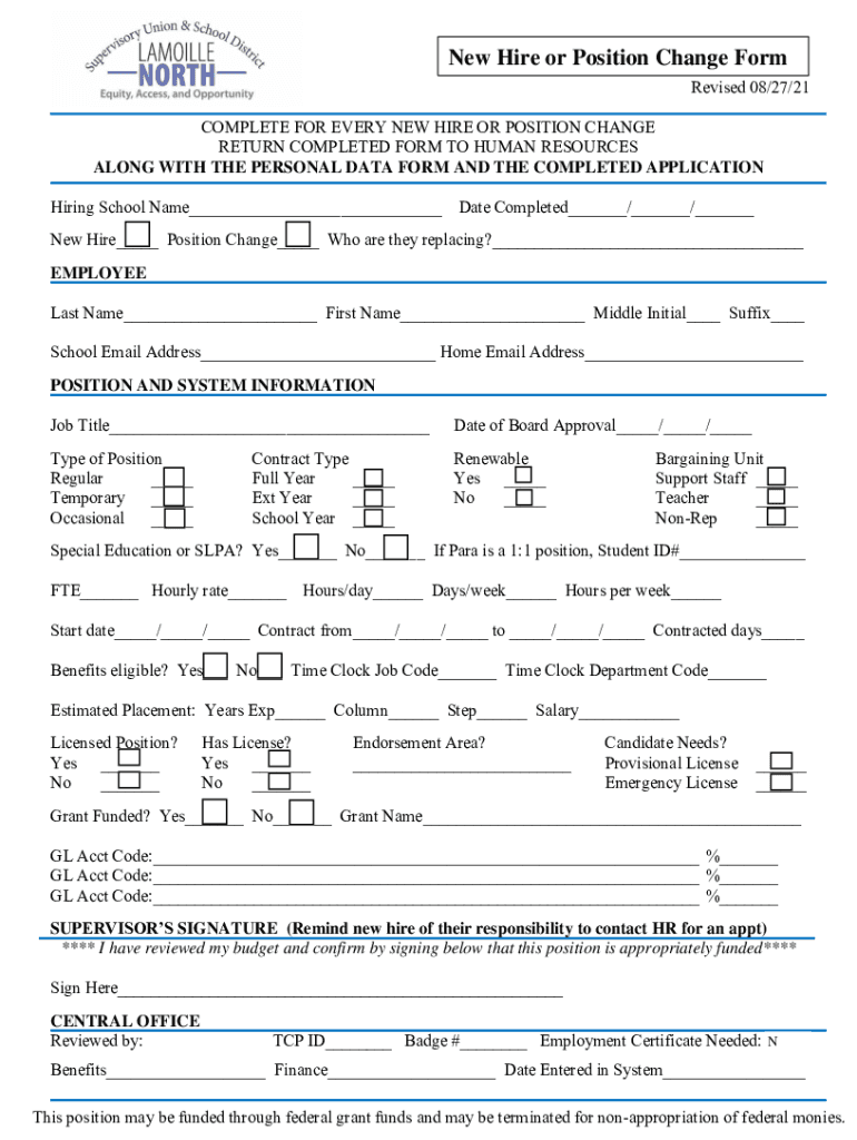 Fillable Online New Hire or Position Change Form Fax Email Print ...