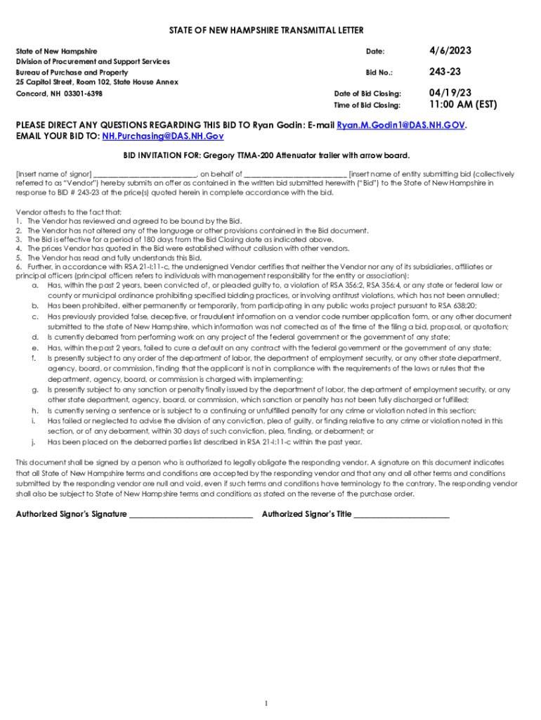 Fillable Online BID INVITATION FOR: Gregory TTMA-200 Attenuator trailer ...