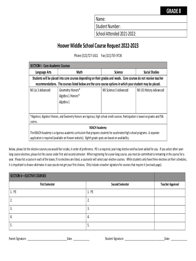 Fillable Online Hoover Middle School Course Request 2022-2023 GRADE 8 ...